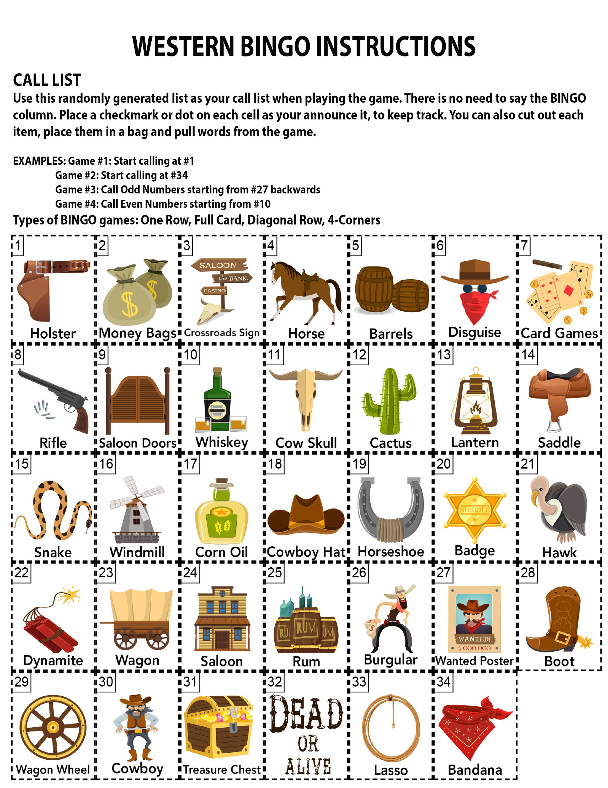 Wild West Bingo Game, 16 Unique Cards (digital Download) - Etsy