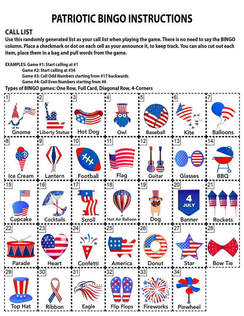 Patriotic Bingo Cards: Printable Bingo, 30 Cards, 4th of July Party ...