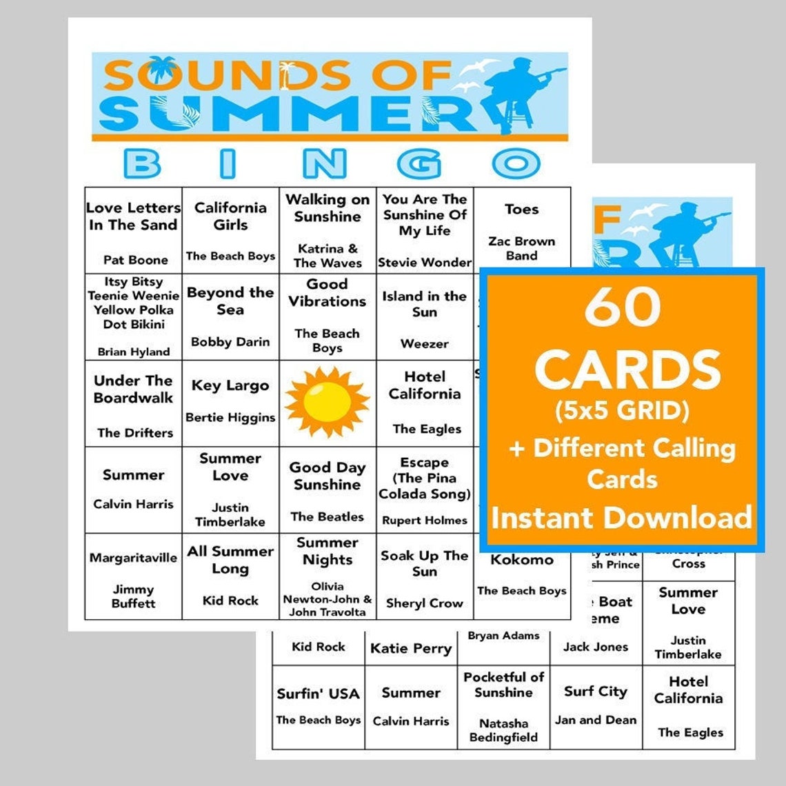 Summer Music Hits Bingo Game, 60 Cards (digital Download) - Etsy