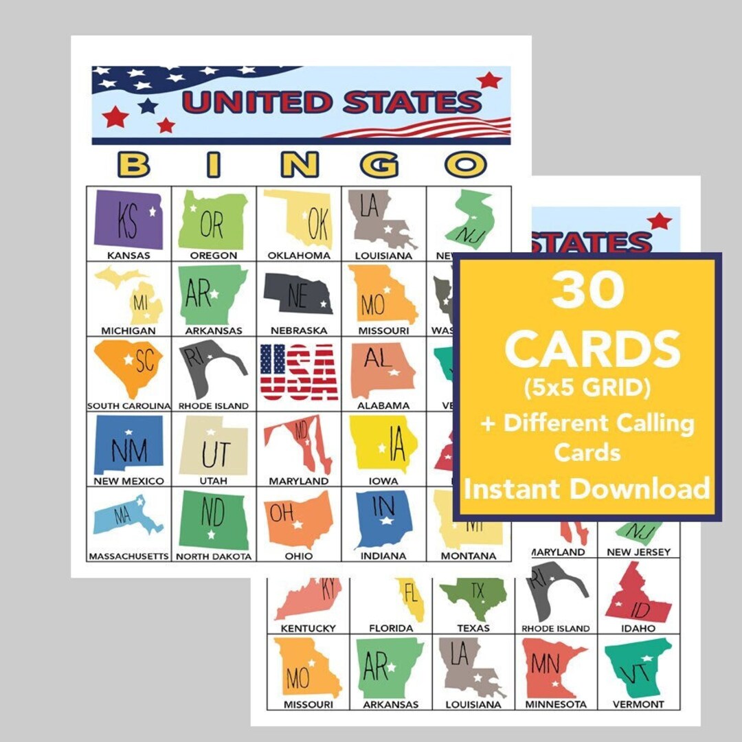 American States Bingo Game, USA Party Bingo, USA Games, Fun Games for ...