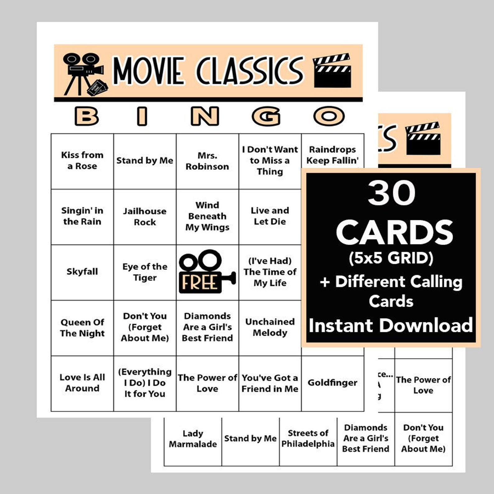 Movie Song Bingo, Movie Classics Bingo, Family Night Games, Instant ...