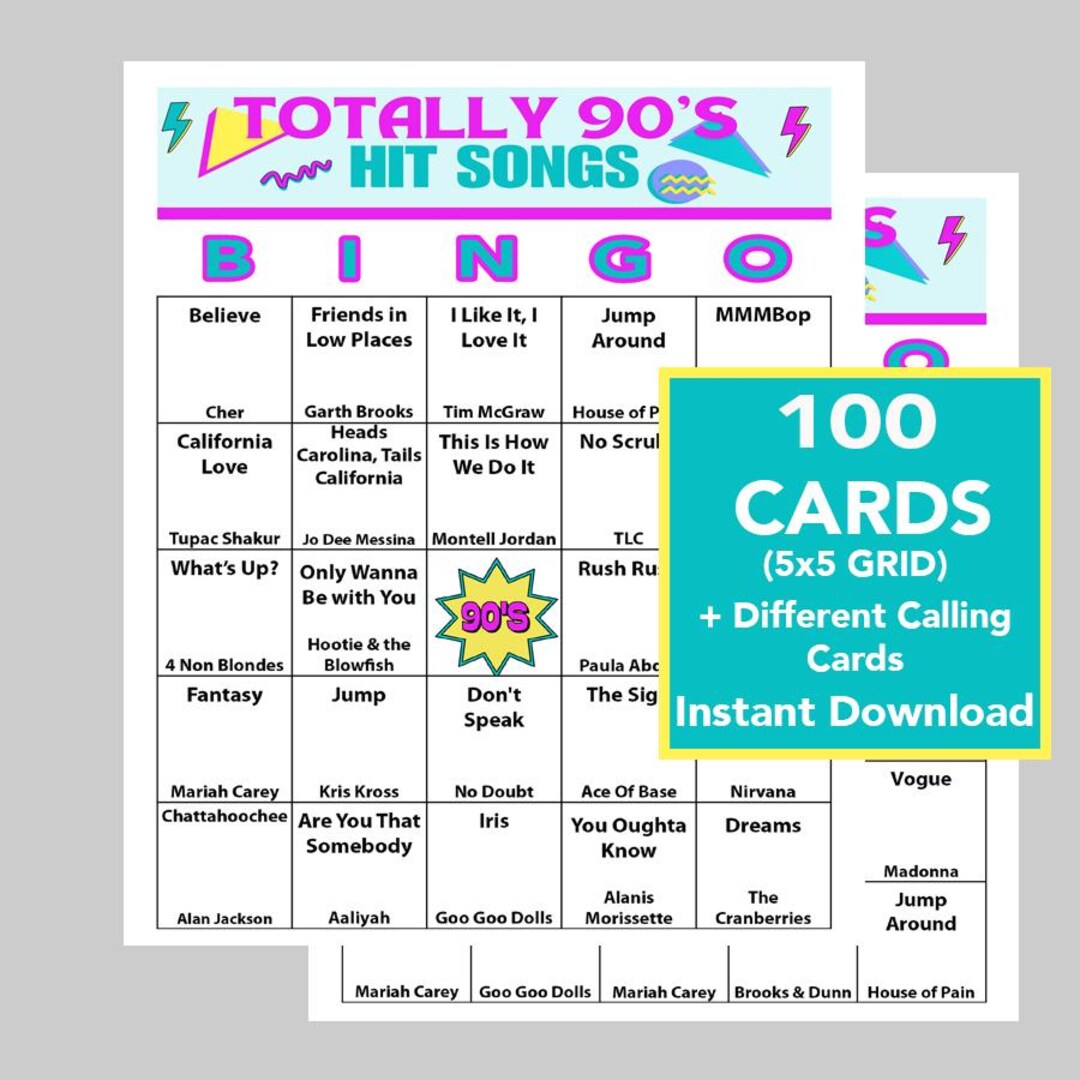 90's Music Hits, 90s Bingo Game, Digital Download, Bingo Games, 100 ...