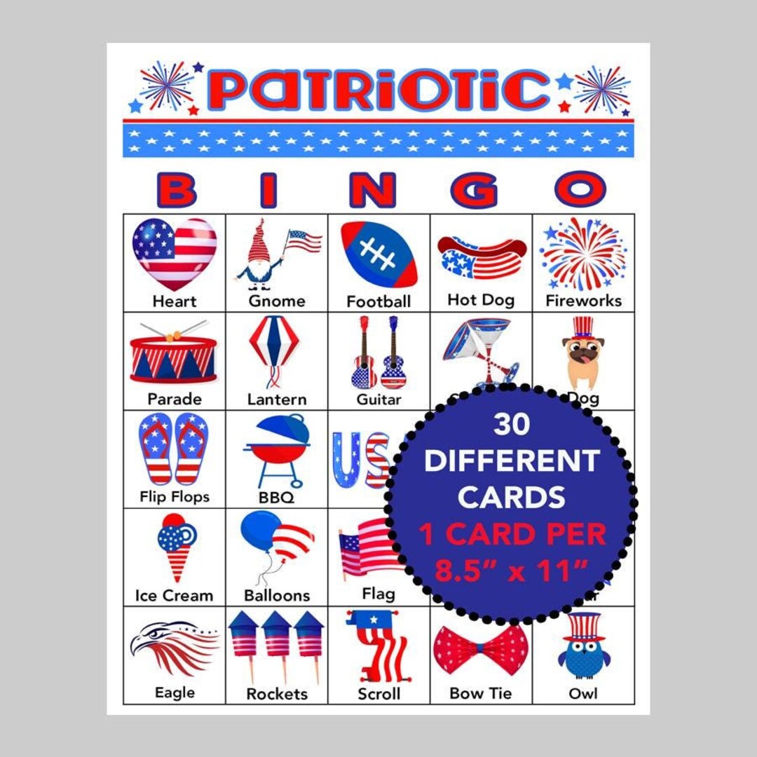 Patriotic Bingo Cards: Printable Bingo, 30 Cards, 4th of July Party ...