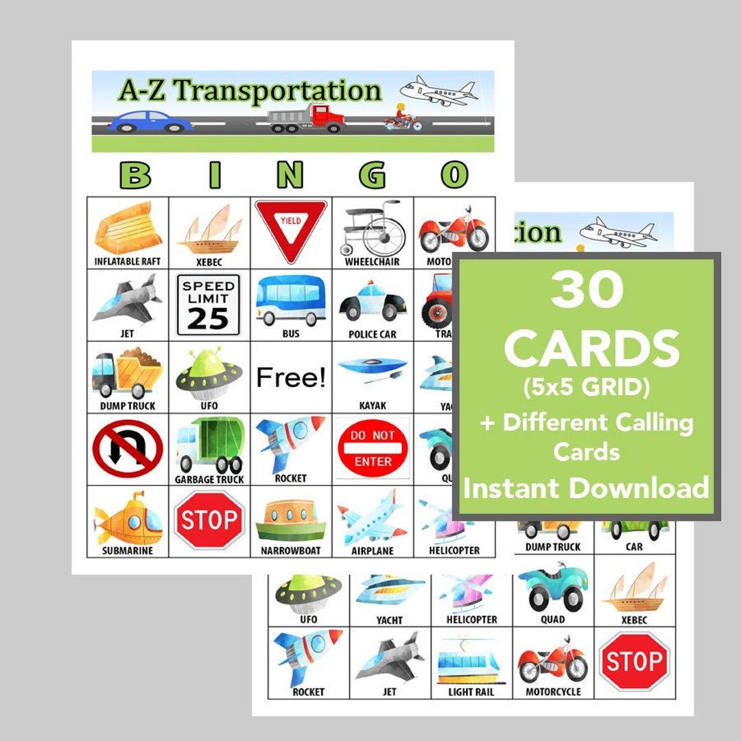 A-Z Transportation Bingo Game, Birthday Bingo, Party Bingo, Fun Games ...