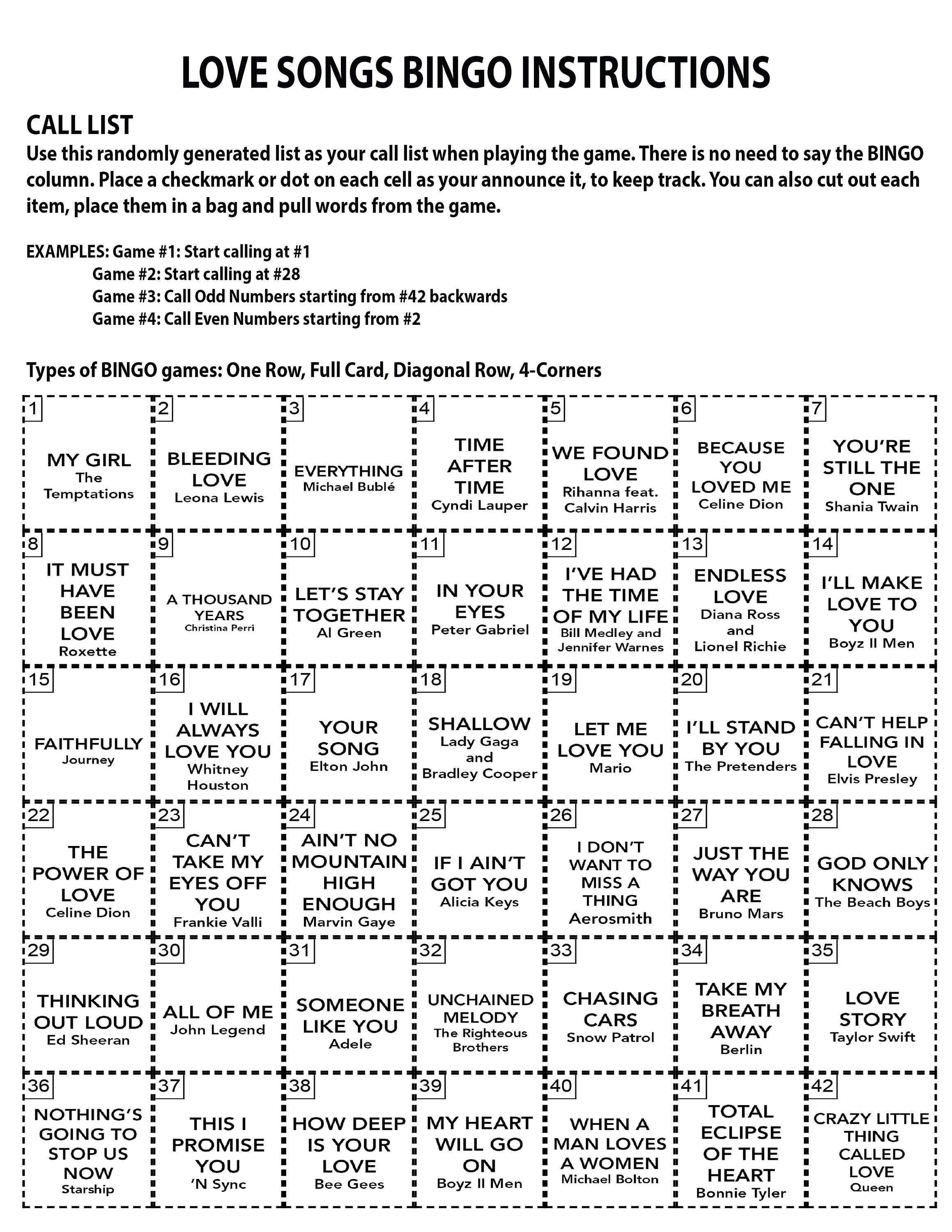 Love Songs Music Bingo Game, 100 Cards, Valentine's Day (digital ...