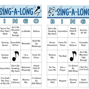 Music Bingo, Sing-a-long Music Games, 70's, 80's, and 90's Party ...