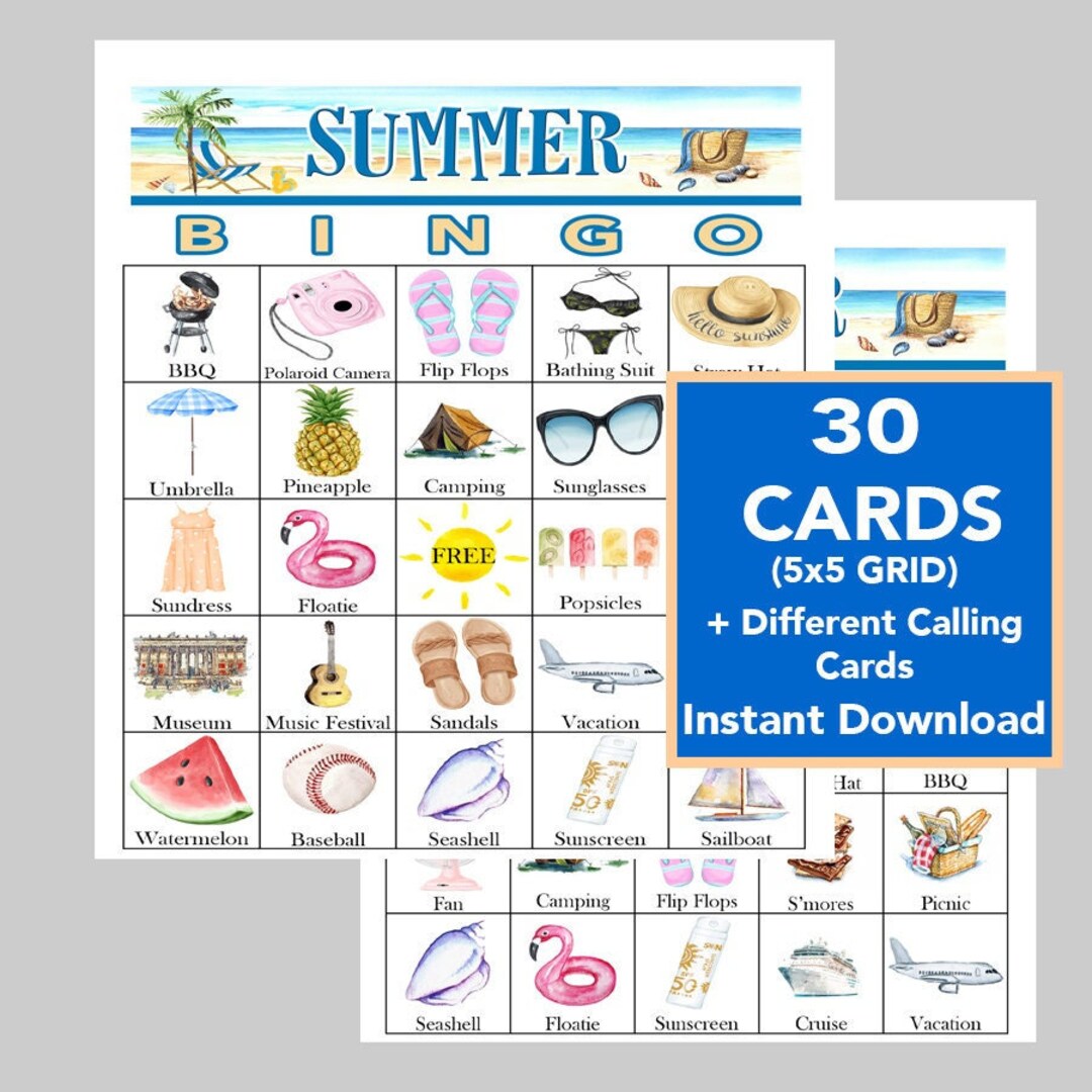Summer Bingo Cards, Summer Vacation Bingo, Camp Party Bingo, Summer ...