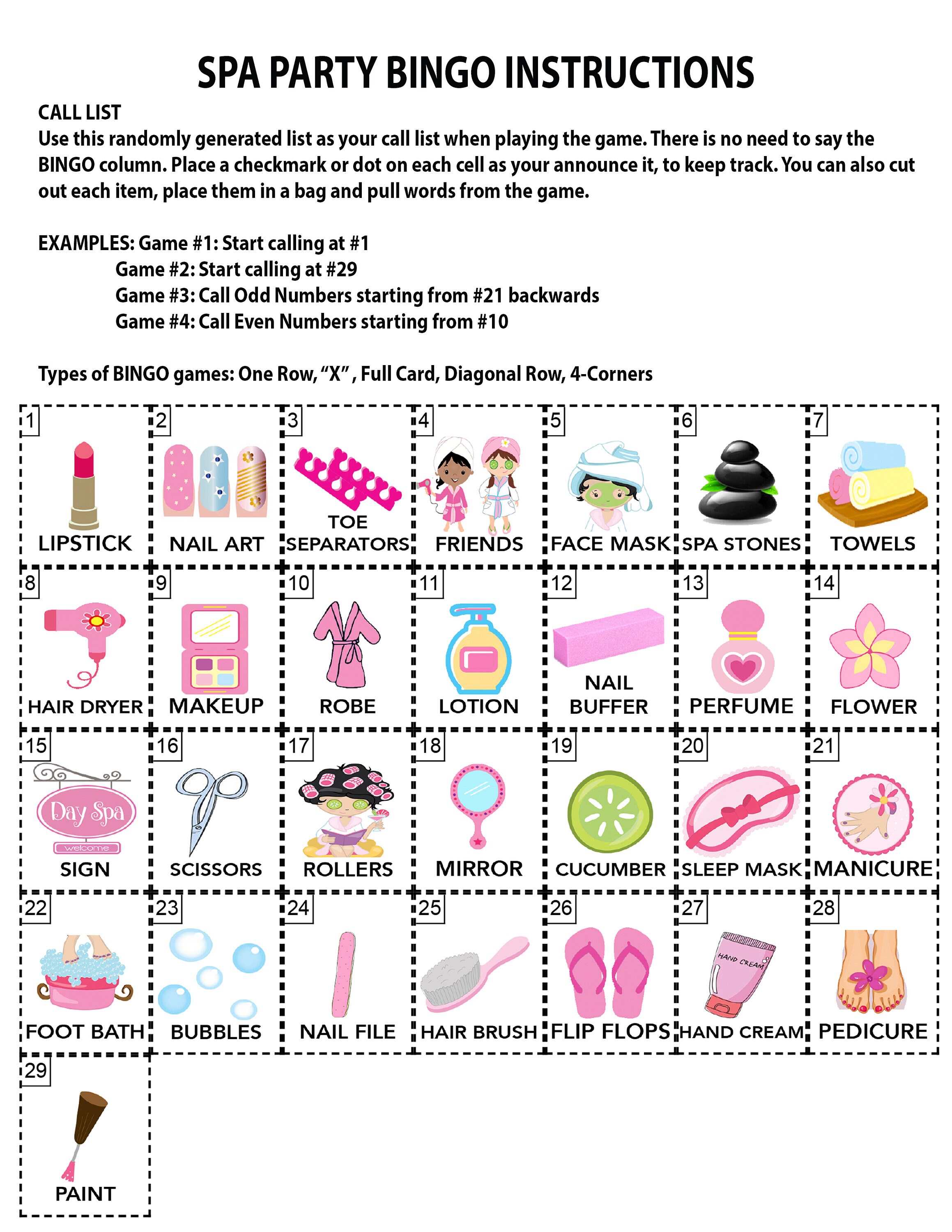 Spa Party Spa Bingo Tween Birthday Bingo 6th 7th 8th - Etsy