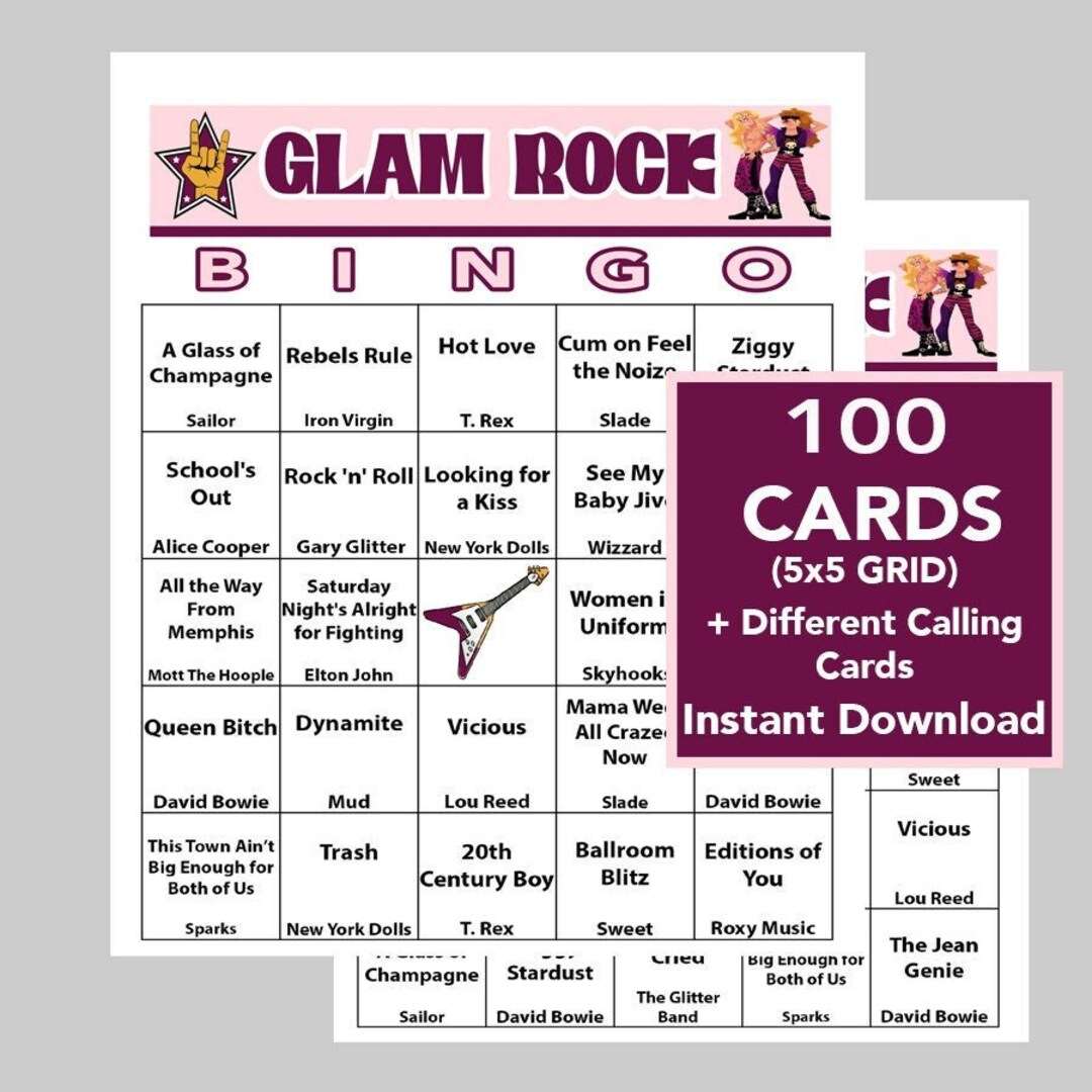Glam Rock, 70's Rock 'n' Roll Bingo, Music Games, Rock 'n' Roll Party ...