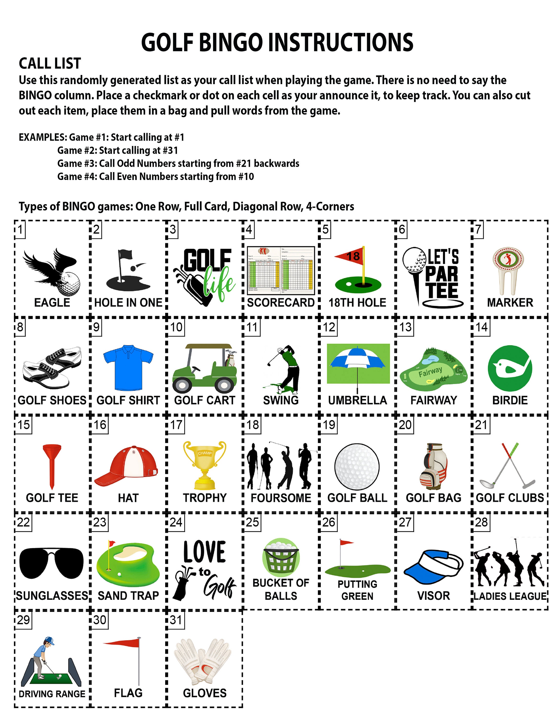 Golf Bingo Game, 30 Unique Cards (instant Download) - Etsy UK