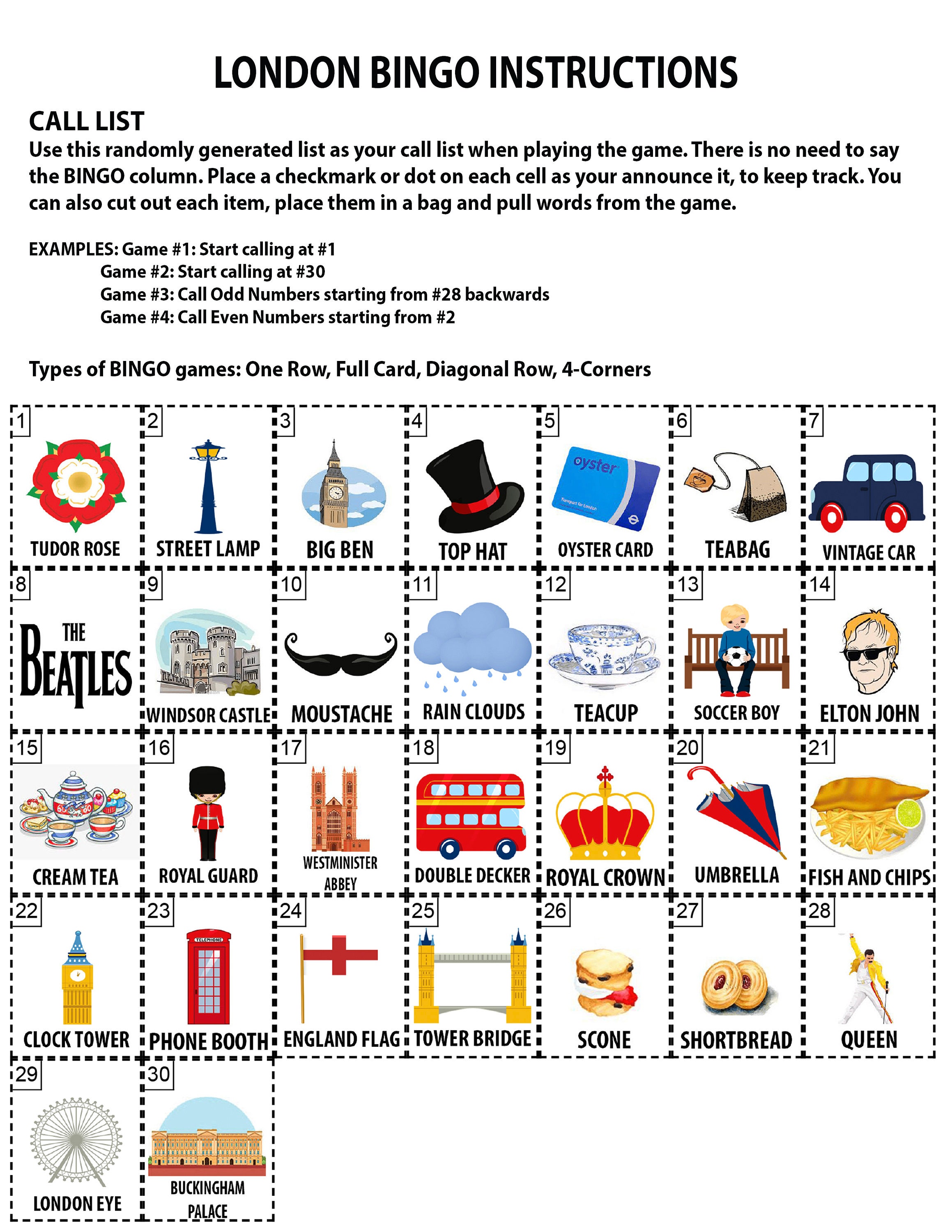 LONDON Bingo London Sightseeing England Party Digital - Etsy