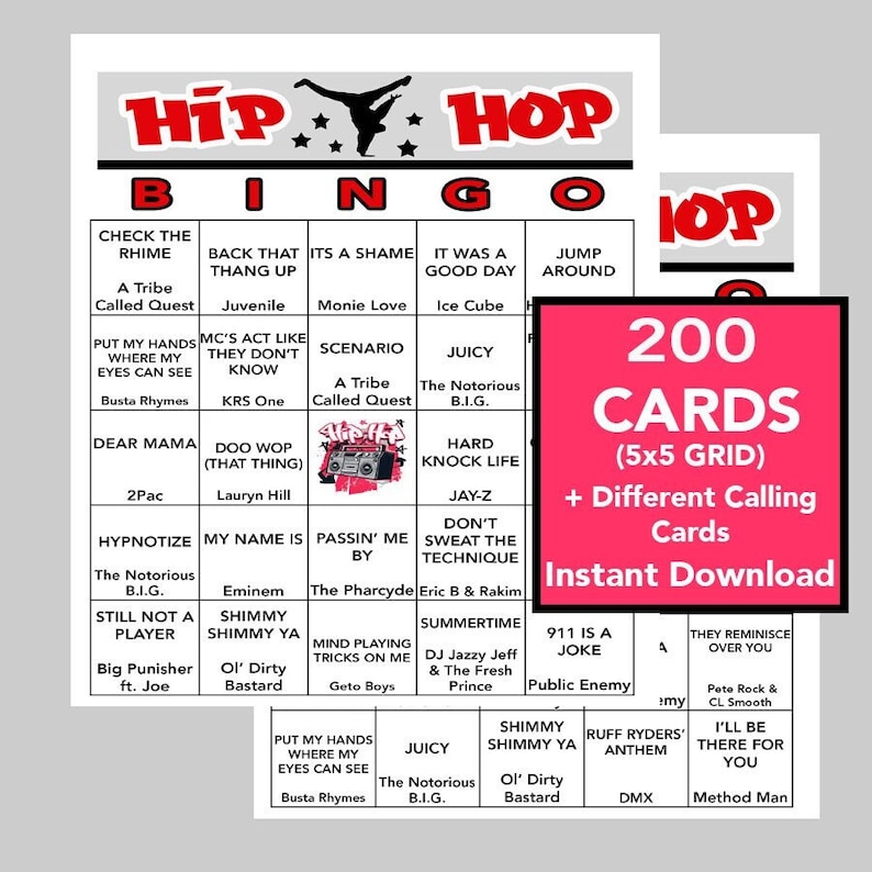 Hip Hop Music, Hip Hop Music Party, Instant Digital Download, Bingo ...