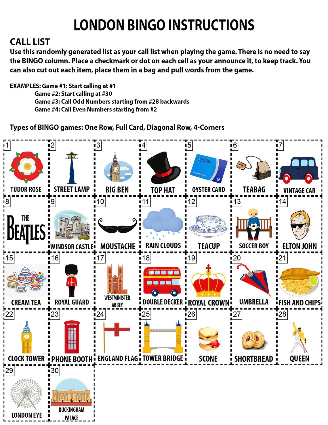 LONDON Bingo, London Sightseeing, England Party, Digital Download ...