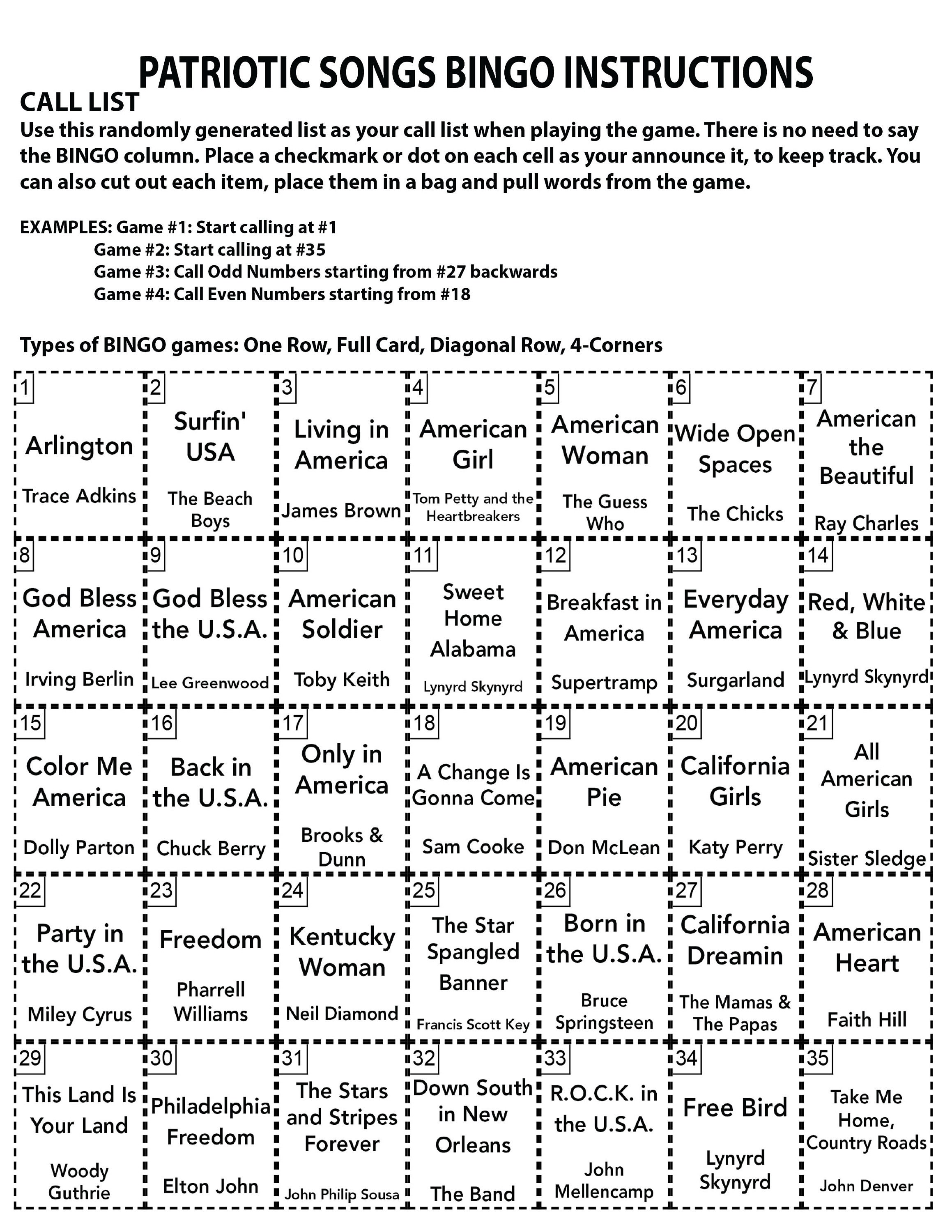 Patriotic Songs Bingo Memorial Day Bingo 4th of July Bingo - Etsy