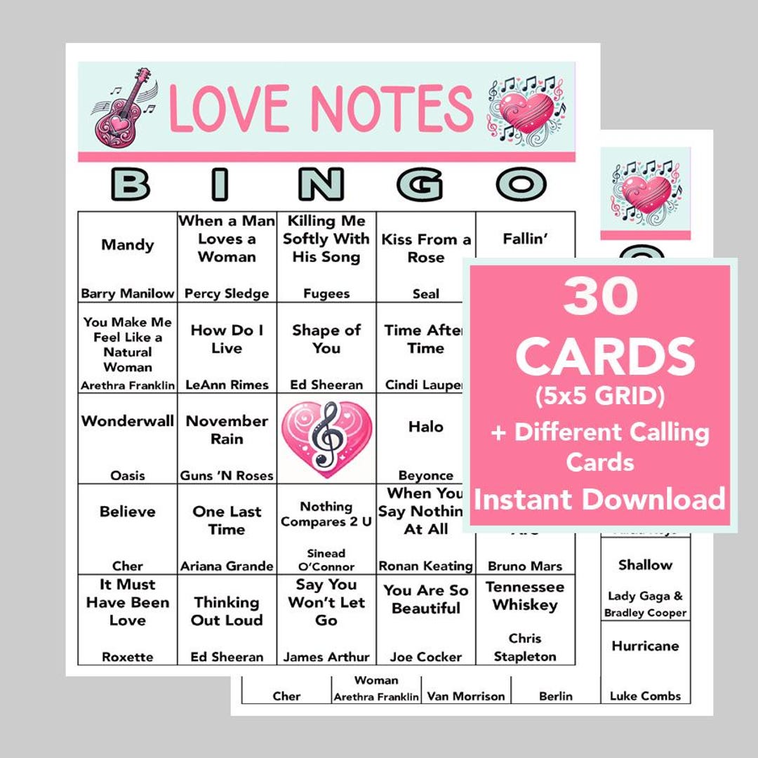 Love Songs, Love Notes Bingo, Music Party, Digital Download, Bingo ...
