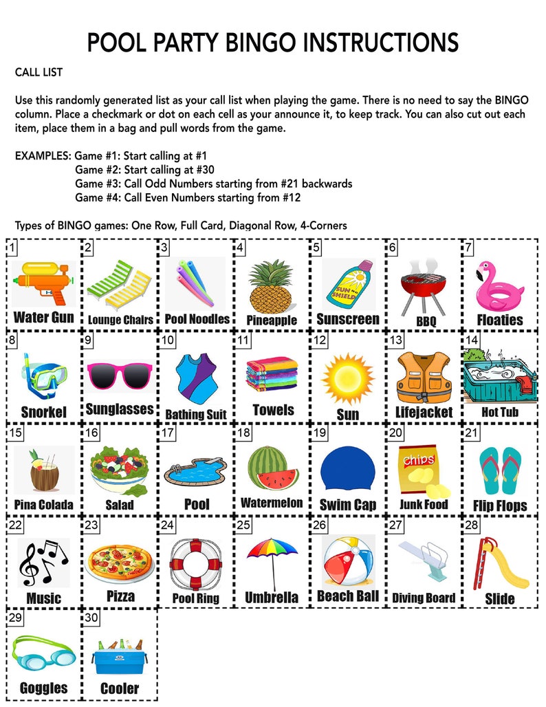 Pool Party Bingo Game, 30 Printable Cards (digital Download) - Etsy