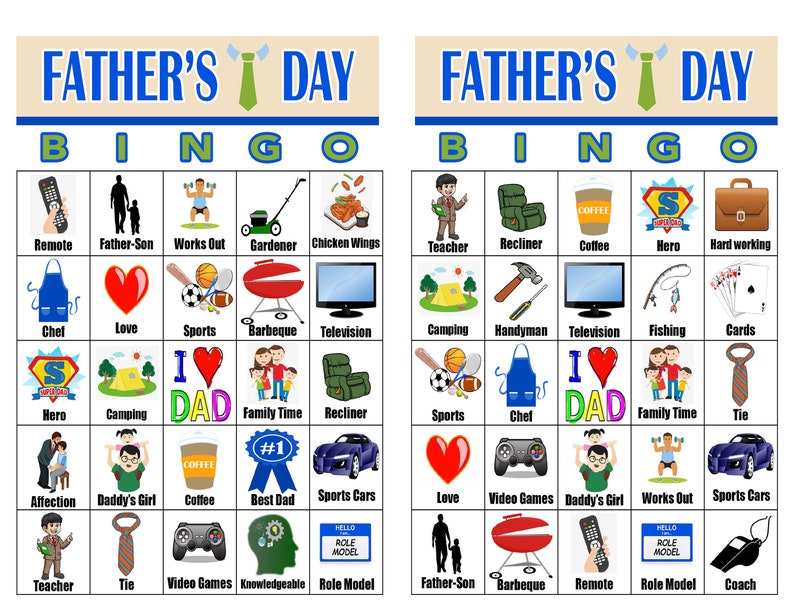 Father's Day Bingo Game, 60 Unique Cards, Family Fun (instant Download ...