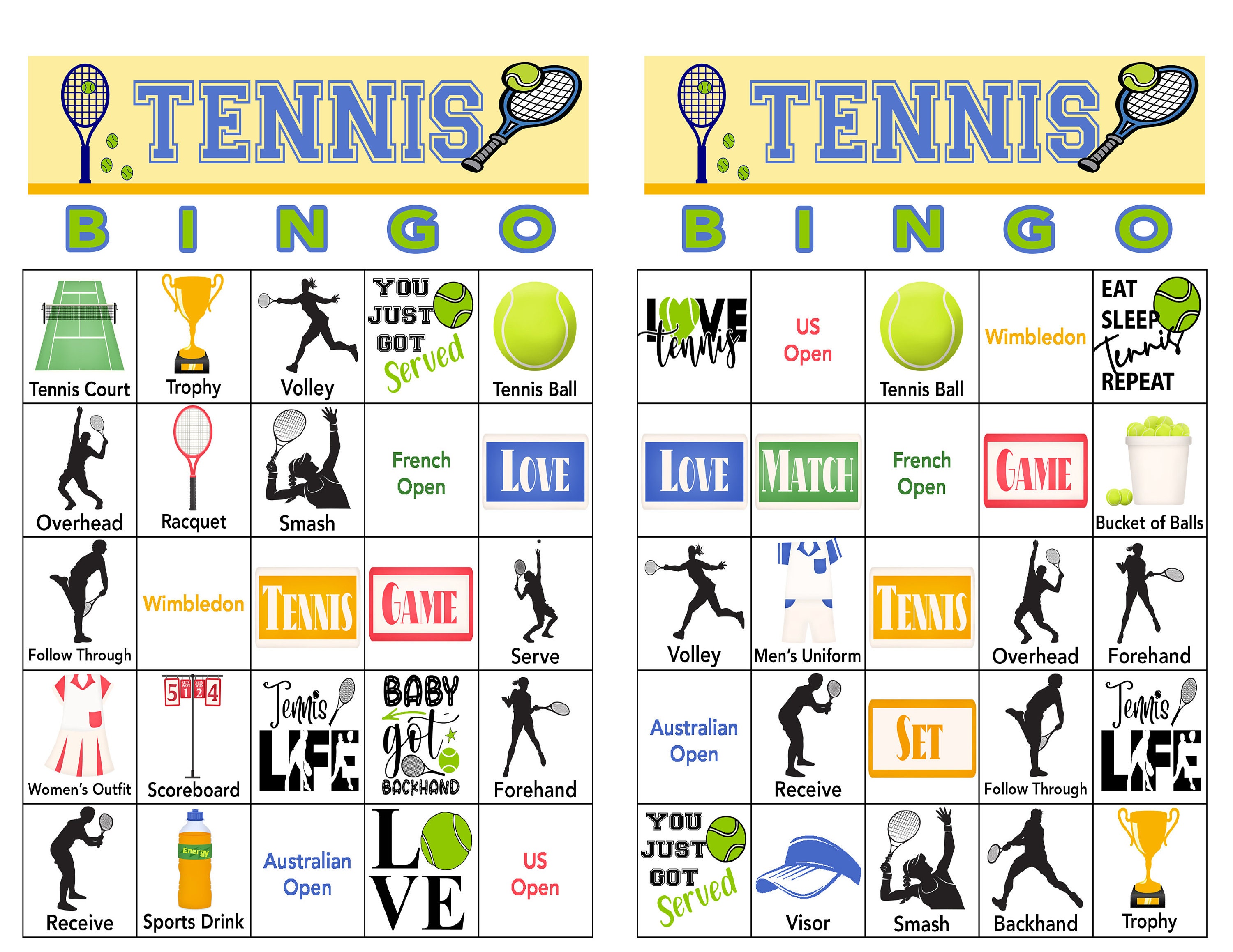 Tennis Bingo Game Sports Bingo Party Bingo Tennis Games - Etsy