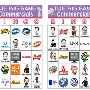 Football Game, the Big Game Commercial Bingo, 5x5 Bingo Cards, Instant ...
