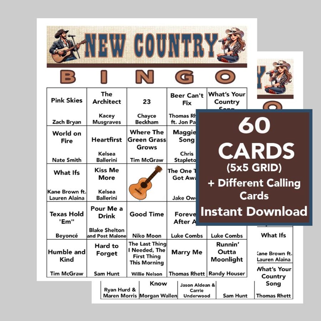 Country Music, Country Hits Bingo Game, Country Music Party, Digital ...
