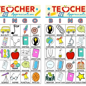 Teacher Appreciation Bingo Game, 16 Cards (instant Download) - Etsy