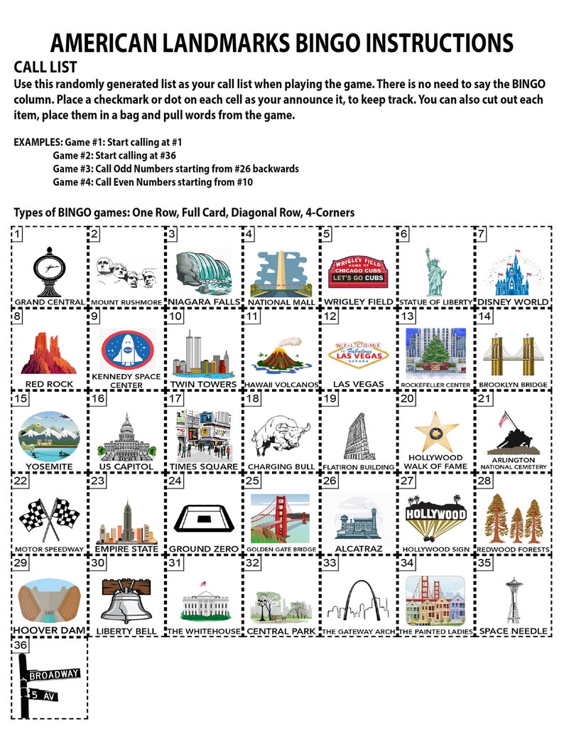 American Landmarks Bingo Game USA Party Bingo USA Games Fun - Etsy