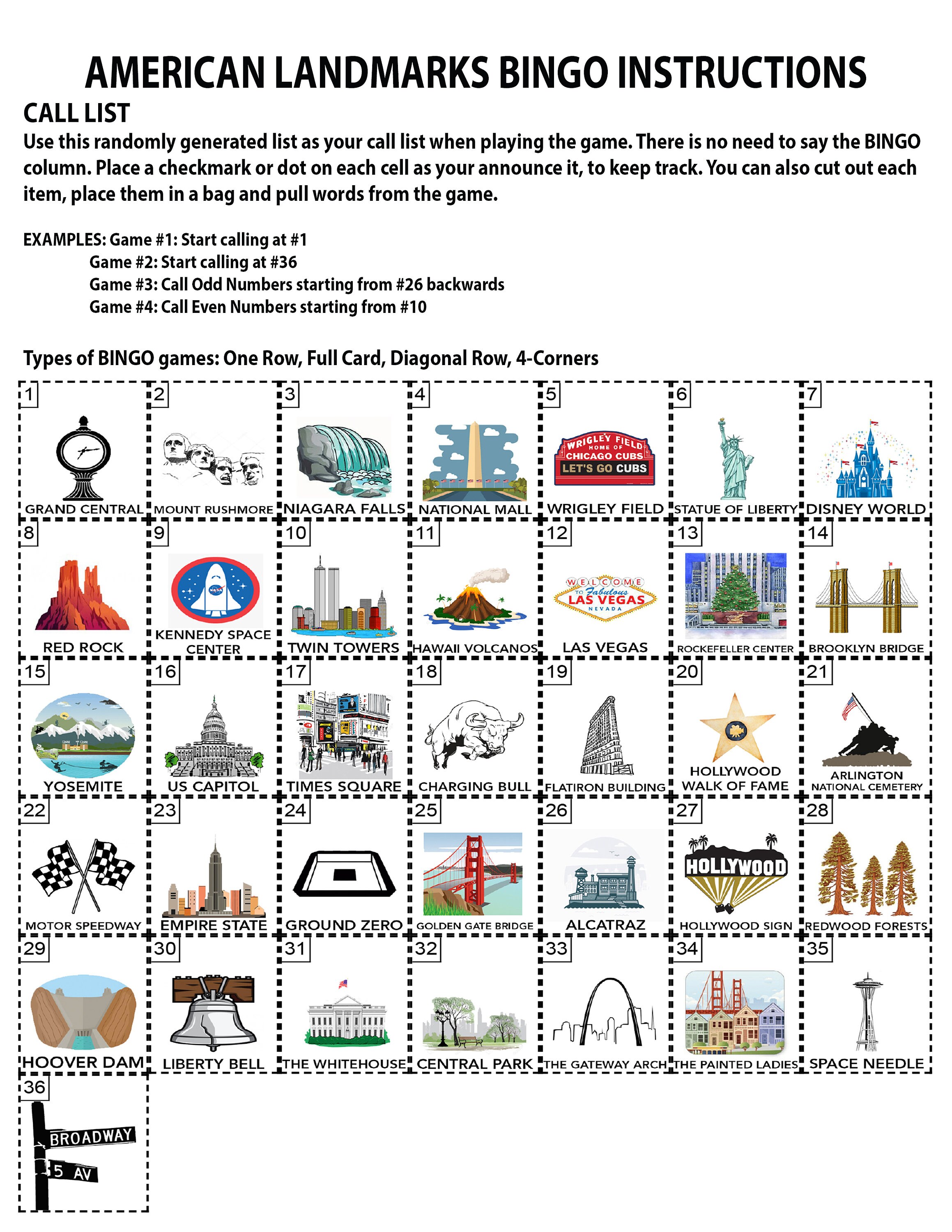 American Landmarks Bingo Game USA Party Bingo USA Games Fun - Etsy