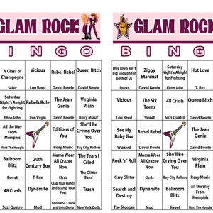 Glam Rock, 70's Rock 'n' Roll Bingo, Music Games, Rock 'n' Roll Party ...