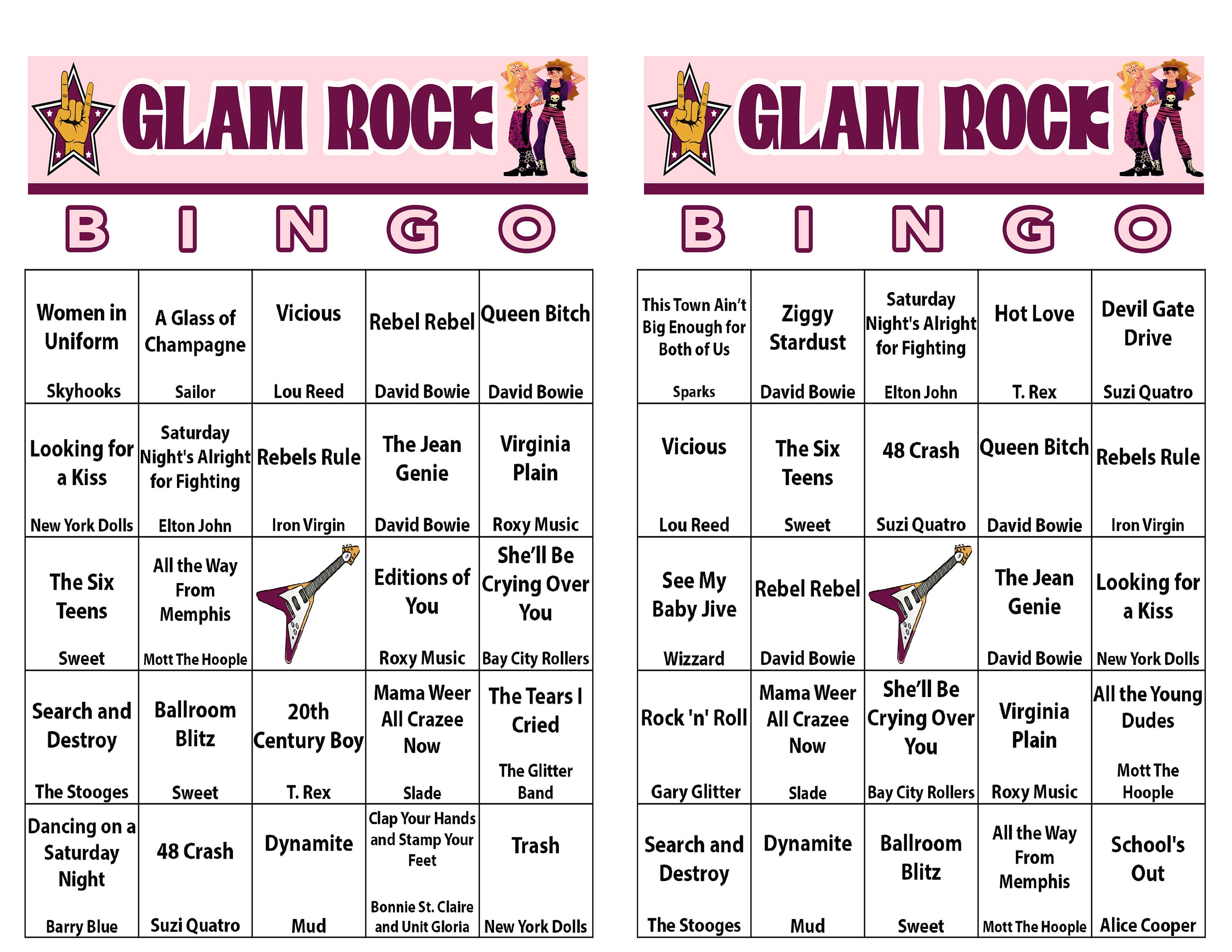 Glam Rock, 70's Rock 'n' Roll Bingo, Music Games, Rock 'n' Roll Party ...