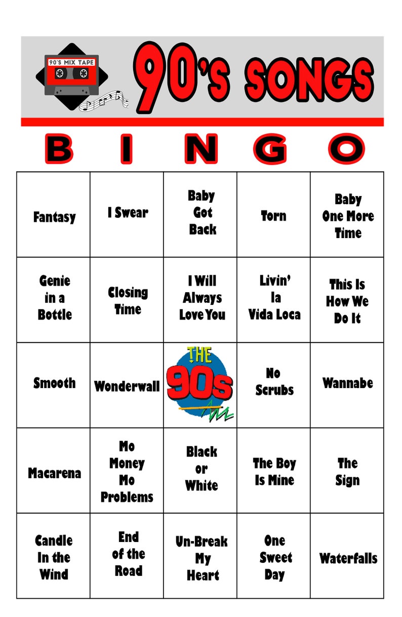 90's Music Hits 30 Bingo Cards Download Bingo Games - Etsy