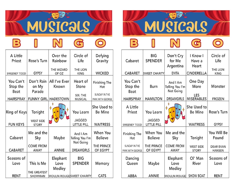 Broadway Music Hits Broadway Musicals Bingo Games Printable - Etsy