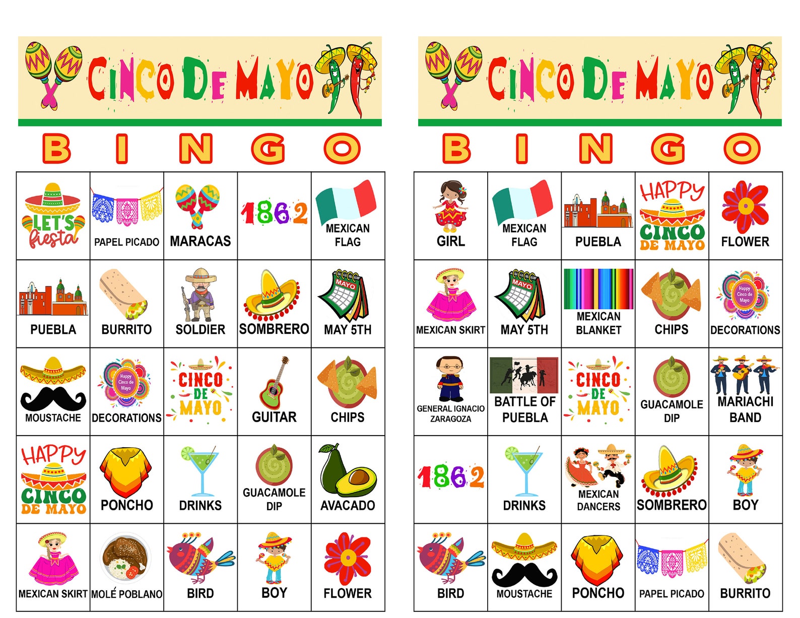 Cinco De Mayo, Cinco De Mayo Bingo Cards, 5x5 Bingo Cards, Instant ...