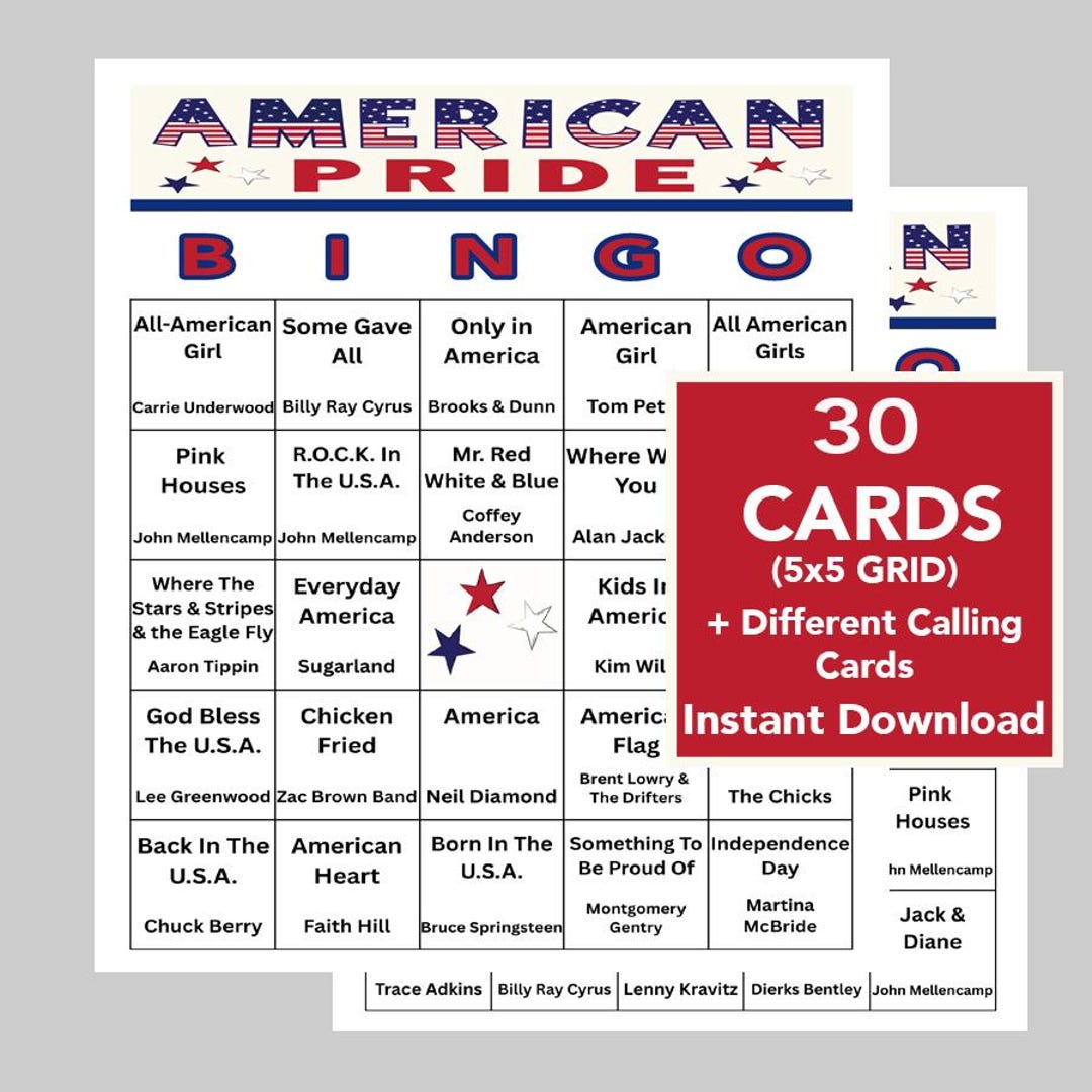 American Songs Bingo, USA Bingo, America Pride Music, USA Songs, 30 ...