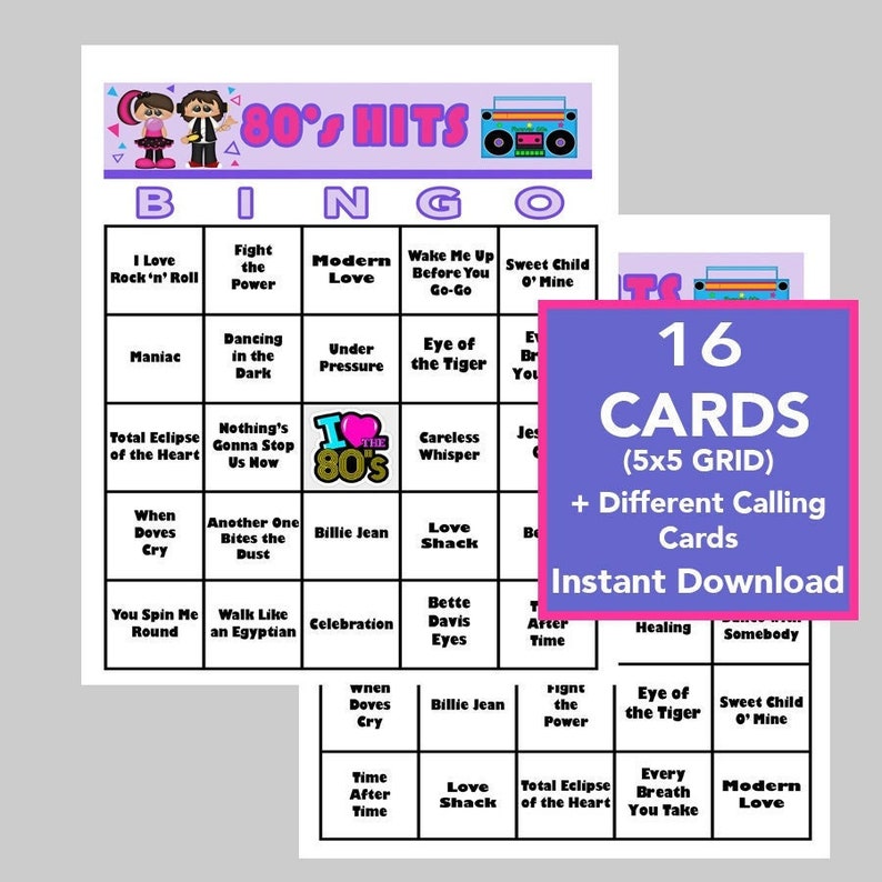 80's Music Hits, 80's Party, Digital Download, Bingo Games, Printable ...