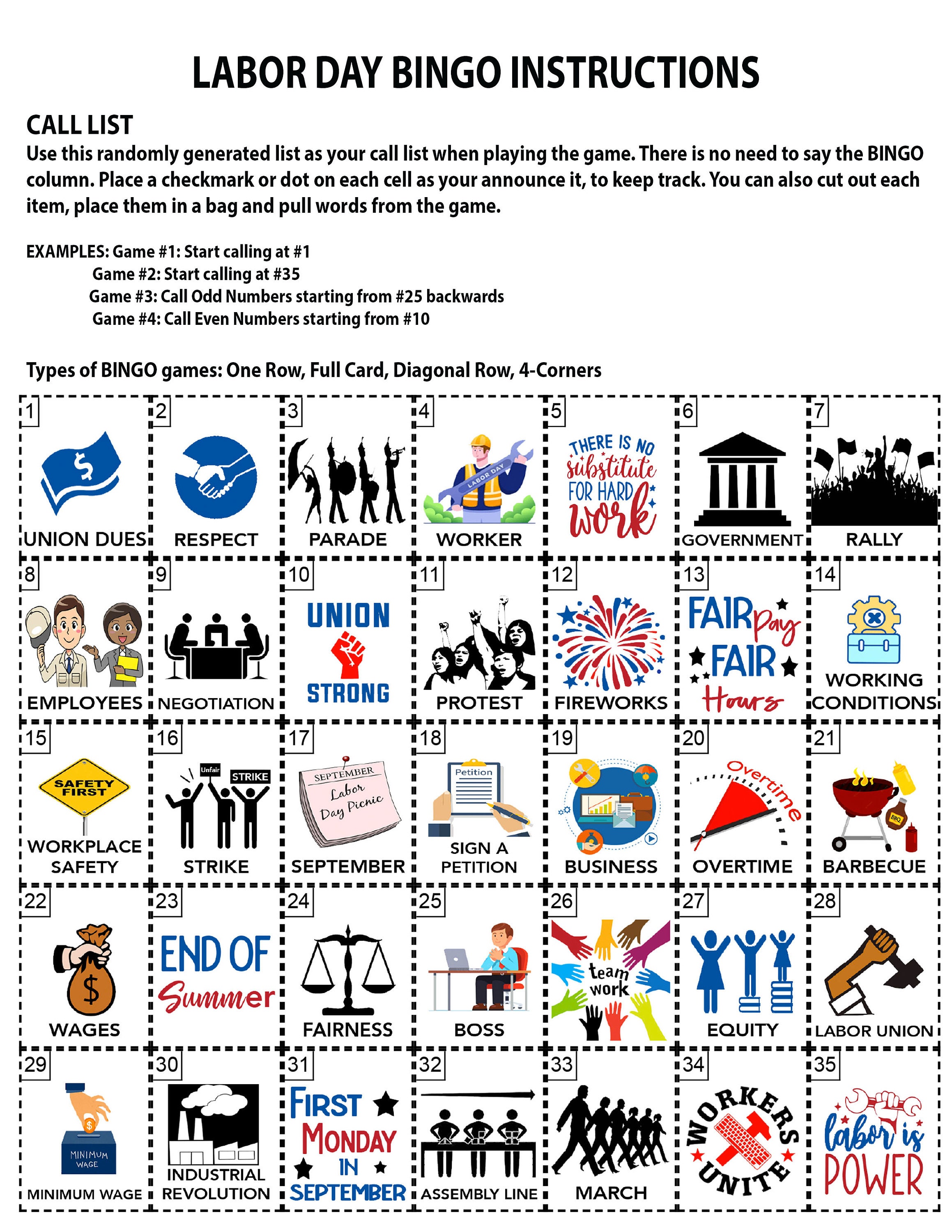 Labor Day Game Party Game Labor Day Bingo Game Labor Day - Etsy