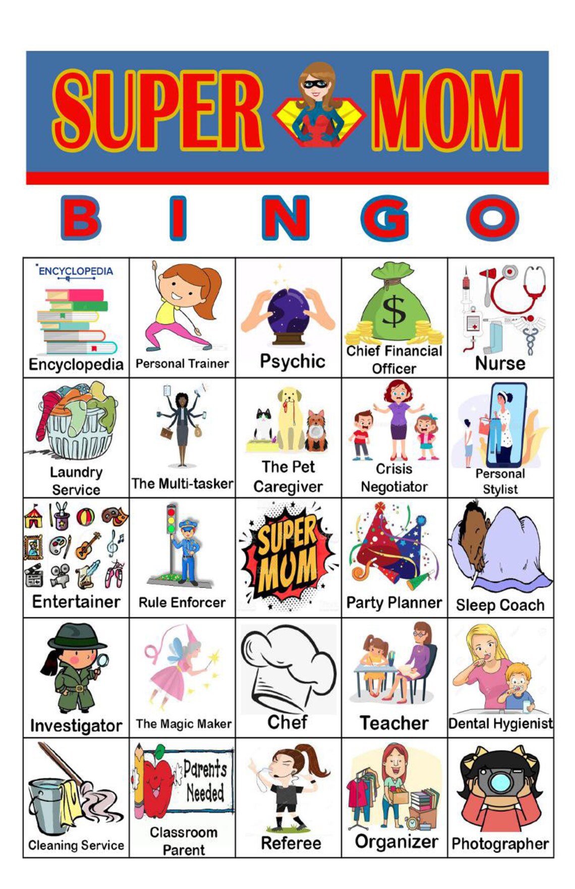 SUPER Mom Bingo mother's Day Bingo Mothers Day Bingo 16 | Etsy