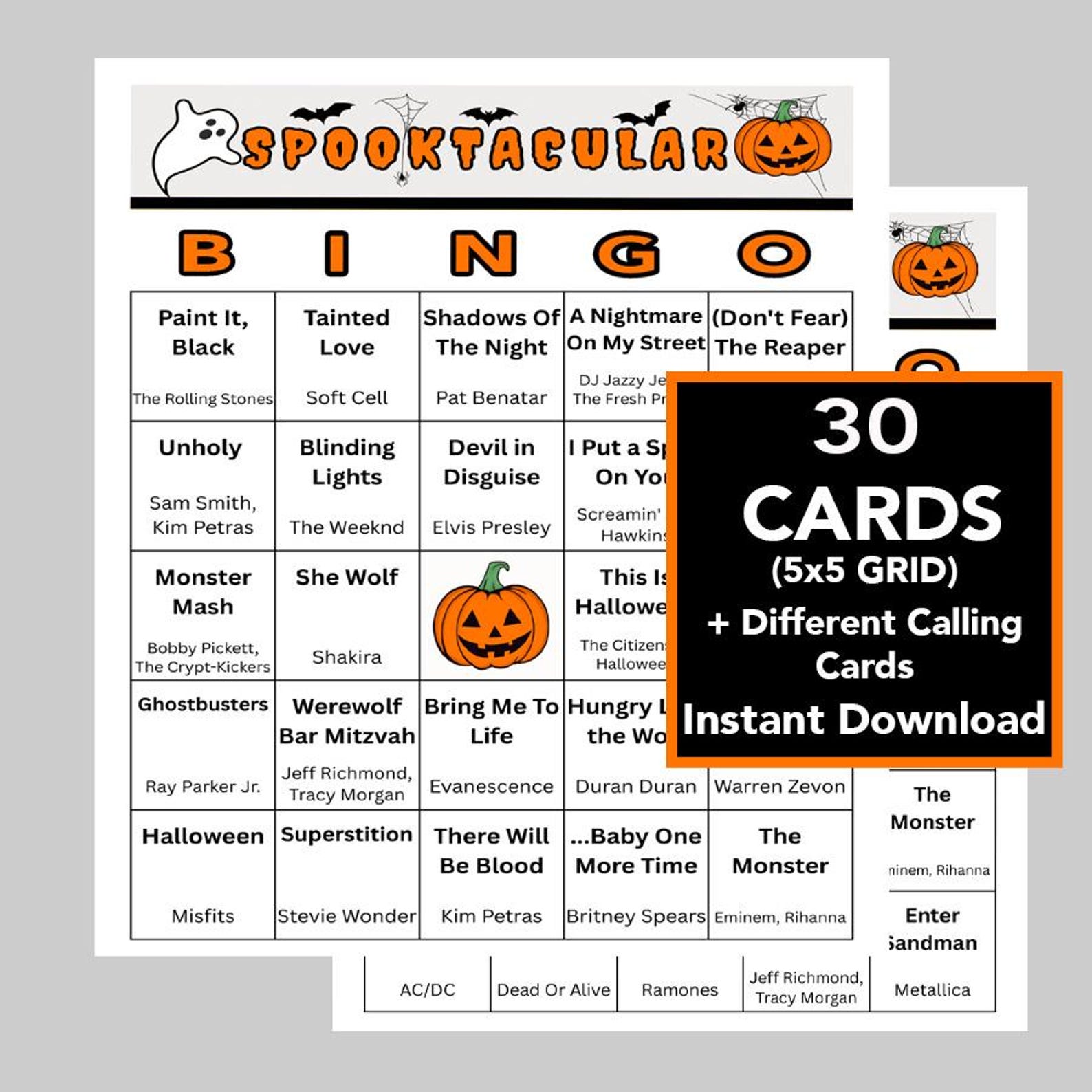 Halloween Hits, Spooktacular Music, Digital Halloween Bingo Cards, 30 ...