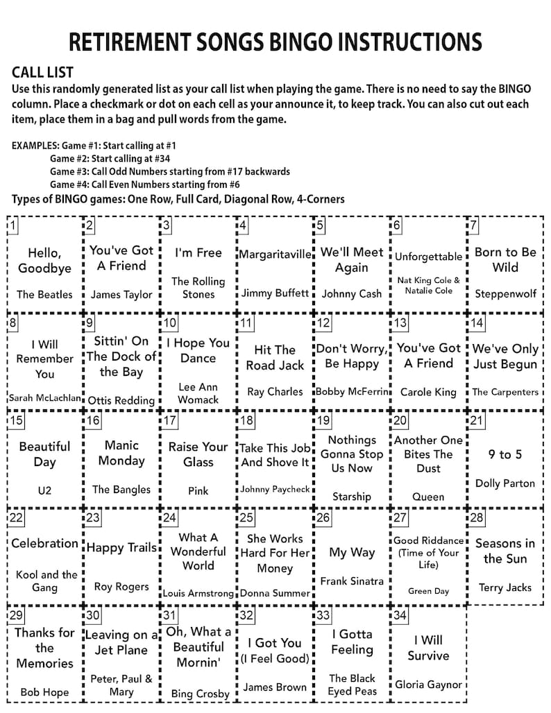 Retirement Retirement Bingo Retirement Music Hits DANCE - Etsy Canada