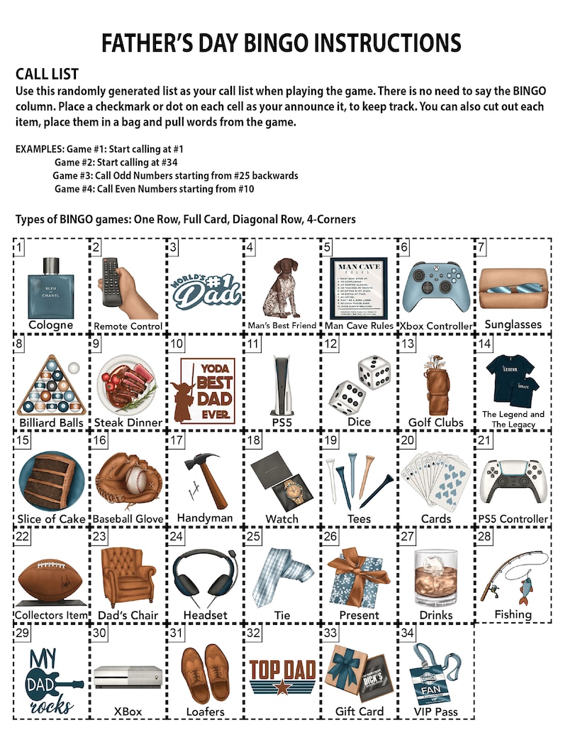 Father's Day, Fathers Day Bingo, Father's Day Games, Instant Download ...