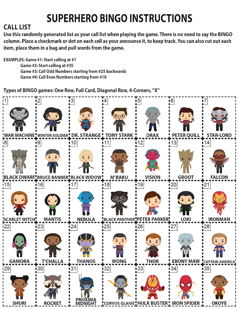 Superhero Superhero Bingo Game Kids Bingo Party Bingo - Etsy