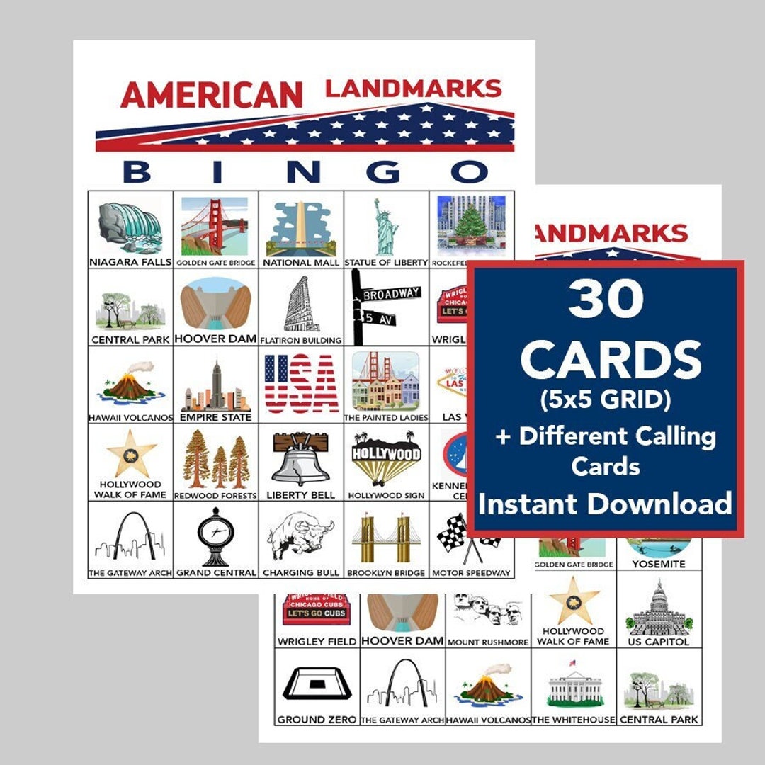 American Travel, American Landmarks Bingo Game, USA Party Bingo, USA ...
