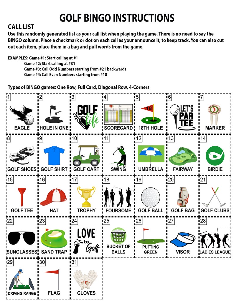 Golf Bingo Game, Gold, Golf Game, Sports Bingo, Party Bingo, Golf Games ...