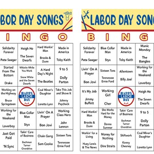 Labor Day Game, Labor Day Songs Bingo Game, Labor Day Printable Game ...