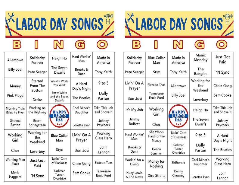 Labor Day Game Labor Day Songs Bingo Game Labor Day - Etsy