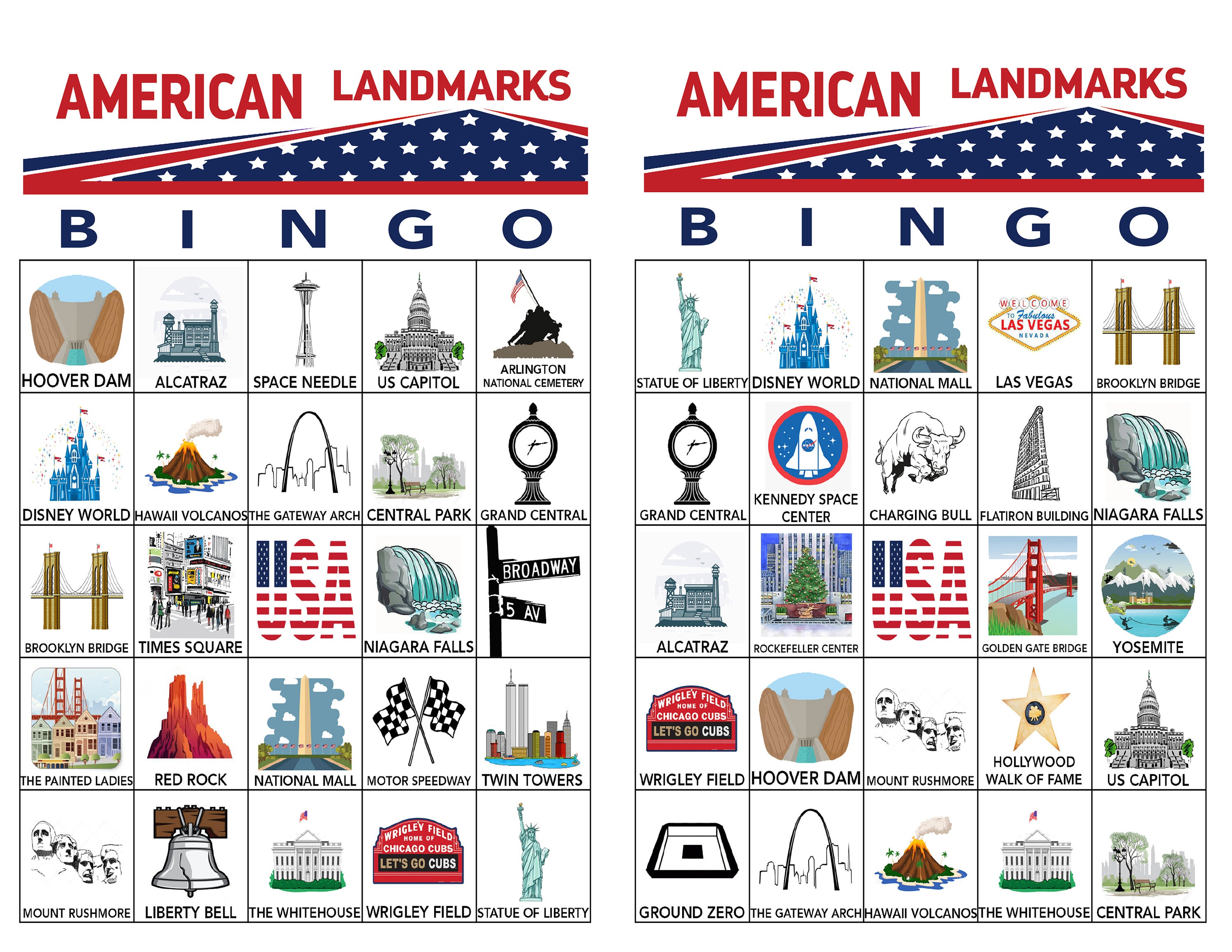 American Travel American Landmarks Bingo Game USA Party - Etsy