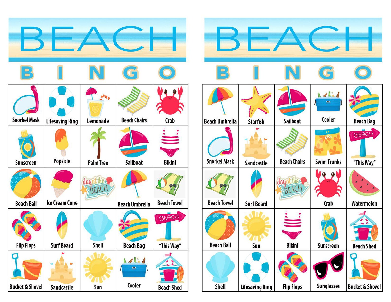 Beach Bingo Game Summer Bingo Pool Party Bingo Summer - Etsy