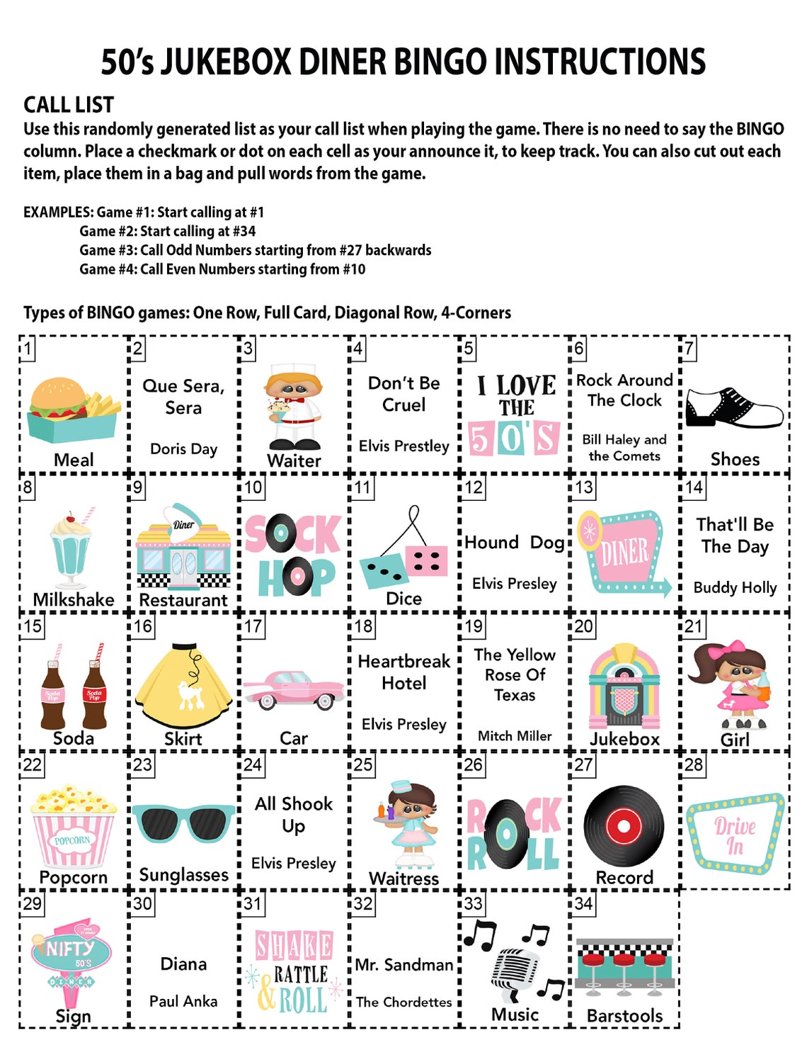 50's Music Bingo, 30 Printable Cards (digital Download) - Etsy