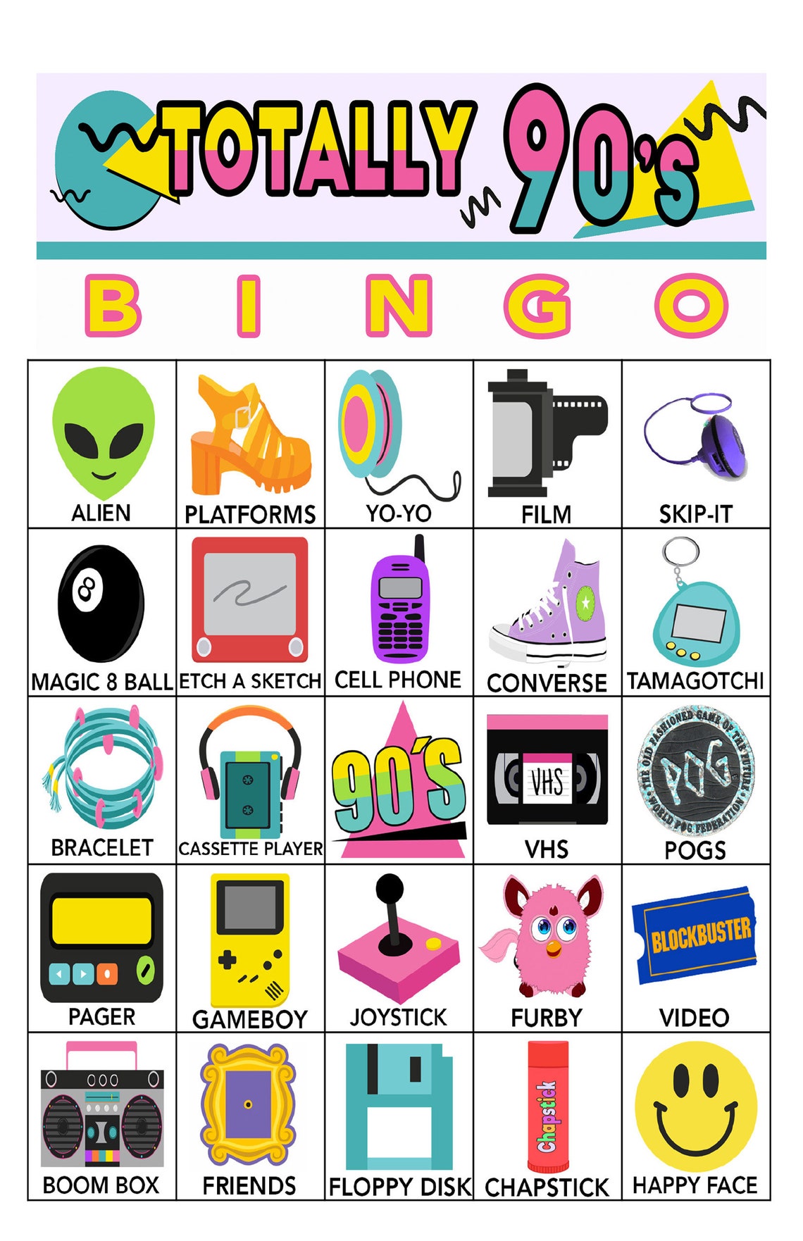 90's ITEMS 90's Birthday Party 90's Bingo Game - Etsy
