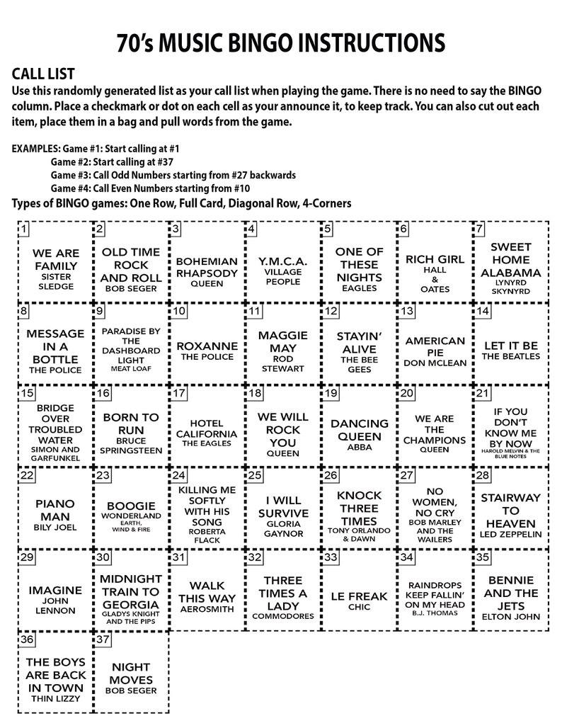 70's Music Bingo, 100 Printable Cards, Spotify Playlist (digital ...