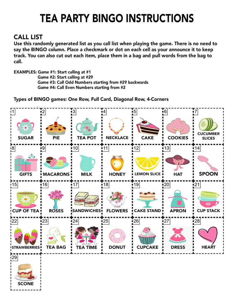 Tea Party Bingo Tea Party Games Birthday Party Digital - Etsy